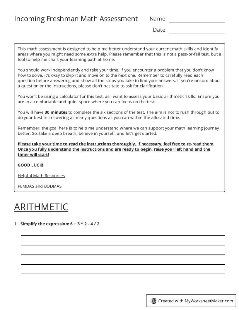 Incoming Freshman Math Assessment - My Worksheet Maker: Create Your Own ...