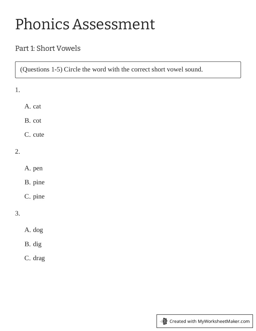 Phonics Assessment - My Worksheet Maker: Create Your Own Worksheets