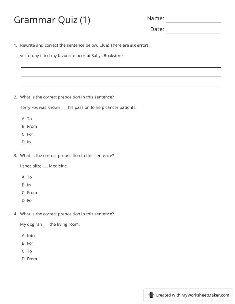 Grammar Quiz (1) - My Worksheet Maker: Create Your Own Worksheets