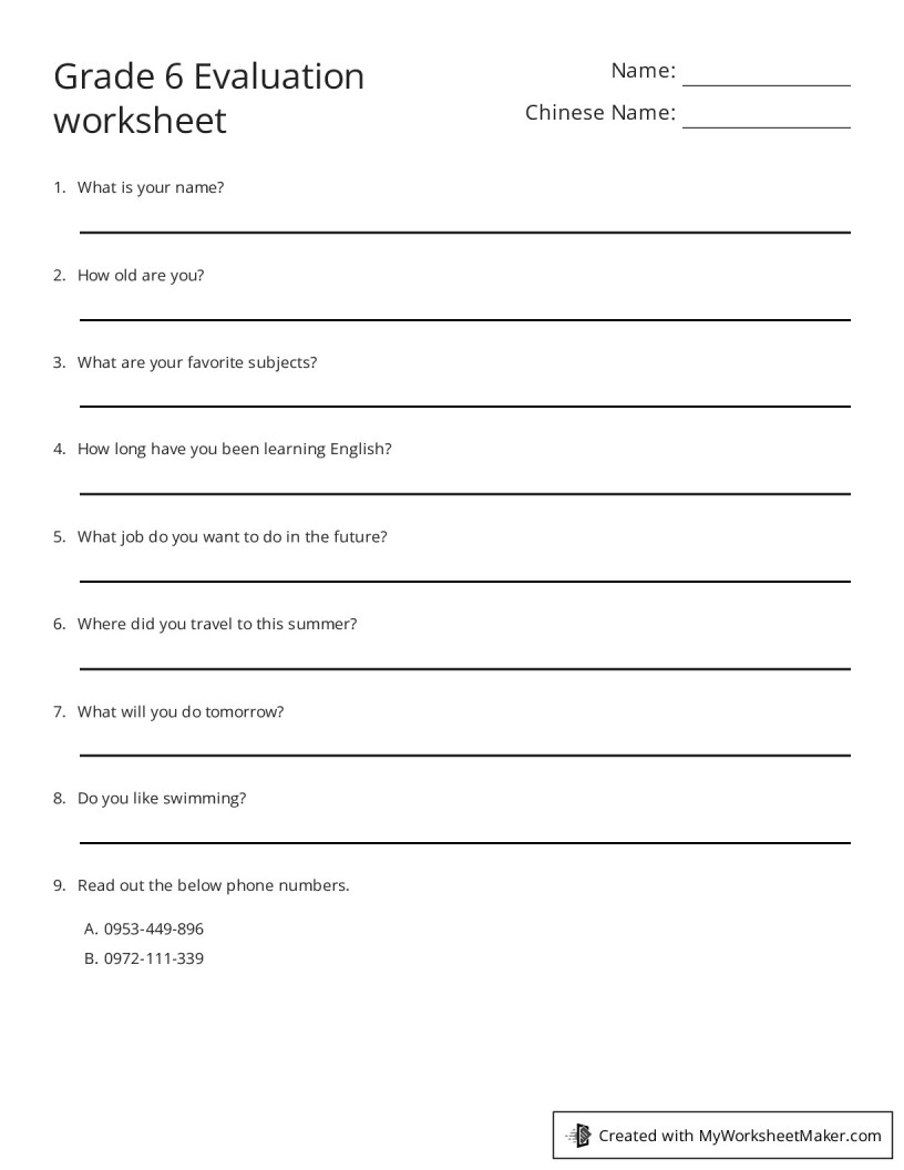 Grade 6 Evaluation worksheet - My Worksheet Maker: Create Your Own ...
