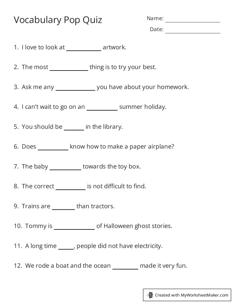 Vocabulary Pop Quiz - My Worksheet Maker: Create Your Own Worksheets