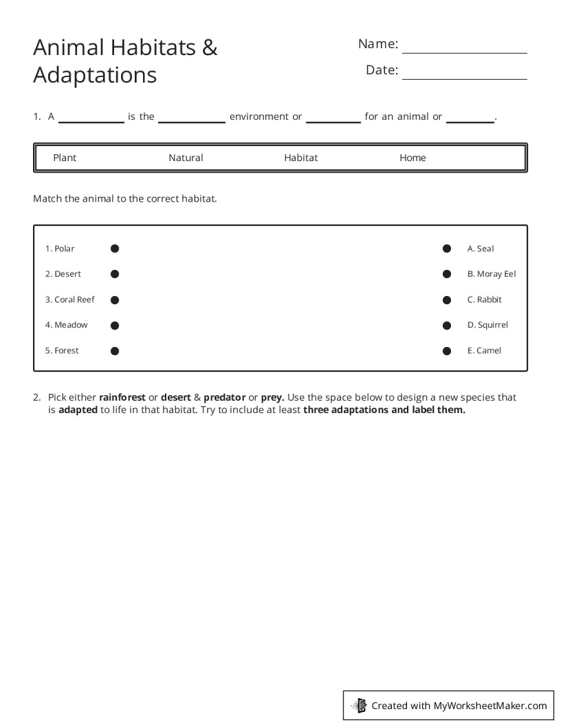 Animal Habitats & Adaptations - My Worksheet Maker: Create Your Own ...