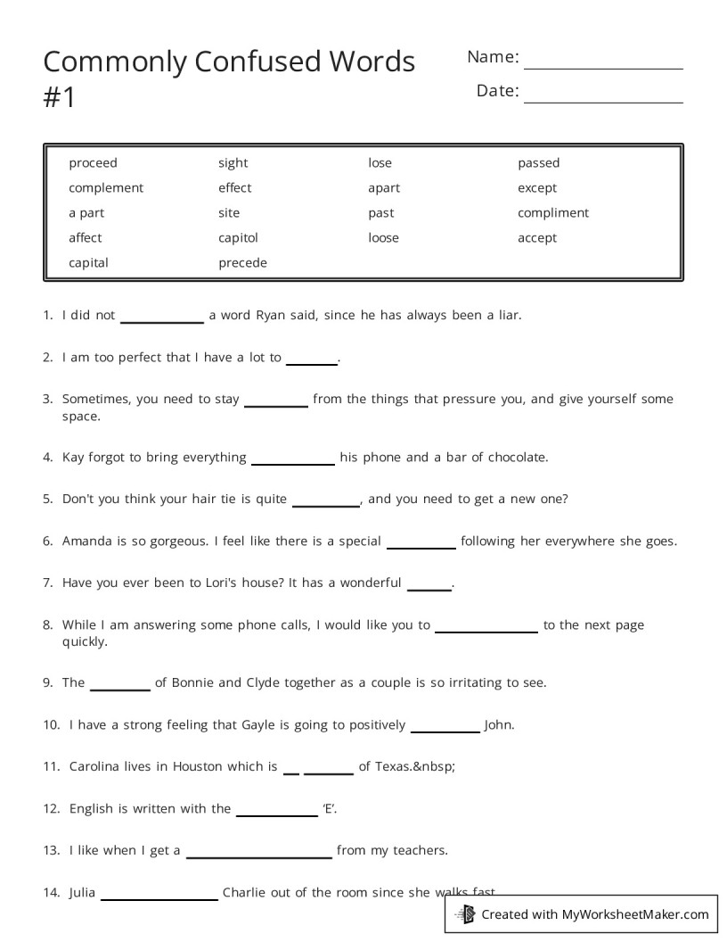 Commonly Confused Words #1 - My Worksheet Maker: Create Your Own Worksheets