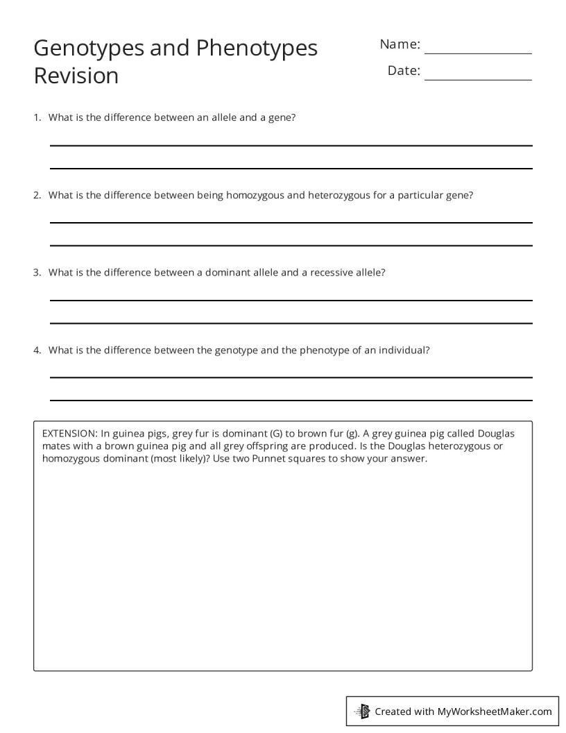 Genotypes and Phenotypes Revision - My Worksheet Maker: Create Your Own ...
