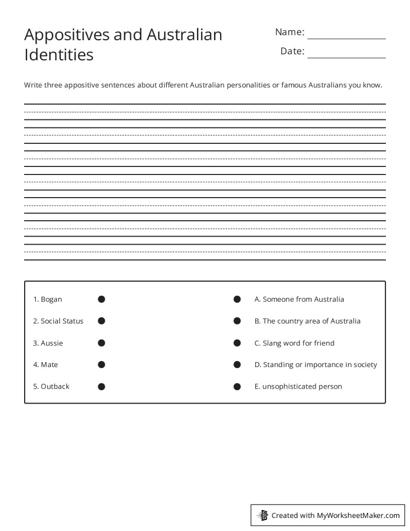 Appositives and Australian Identities - My Worksheet Maker: Create Your ...