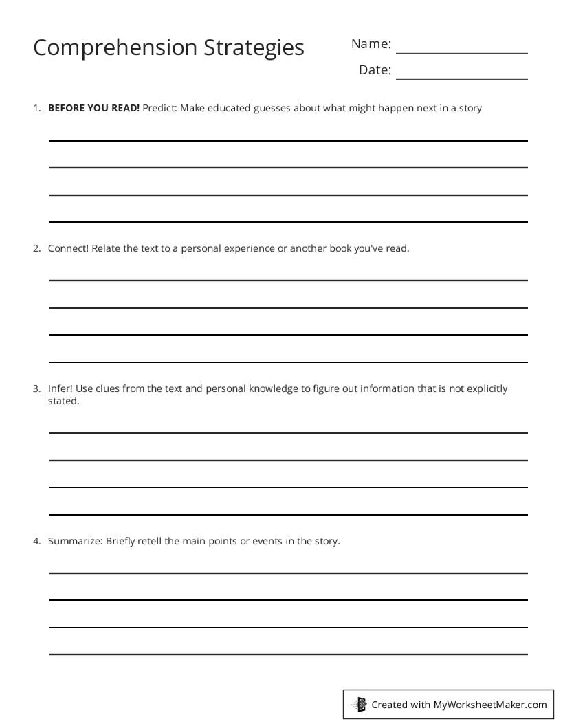 Comprehension Strategies - My Worksheet Maker: Create Your Own Worksheets