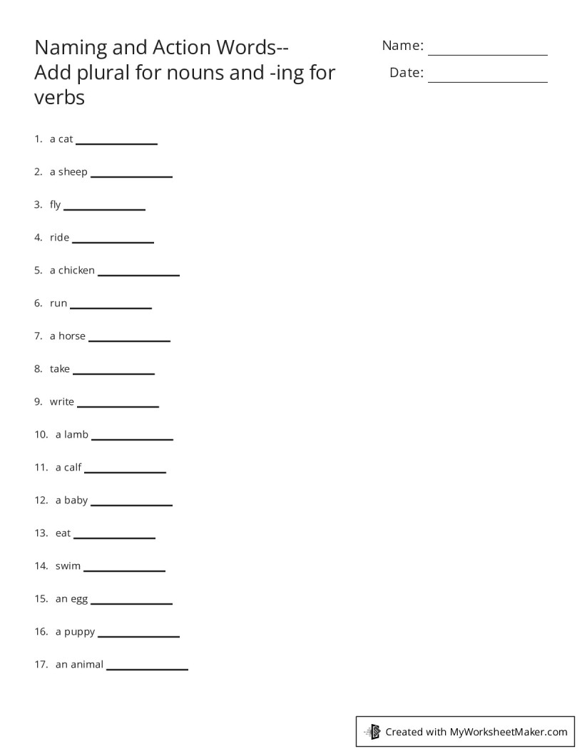 Naming and Action Words--Add plural for nouns and -ing for verbs - My ...
