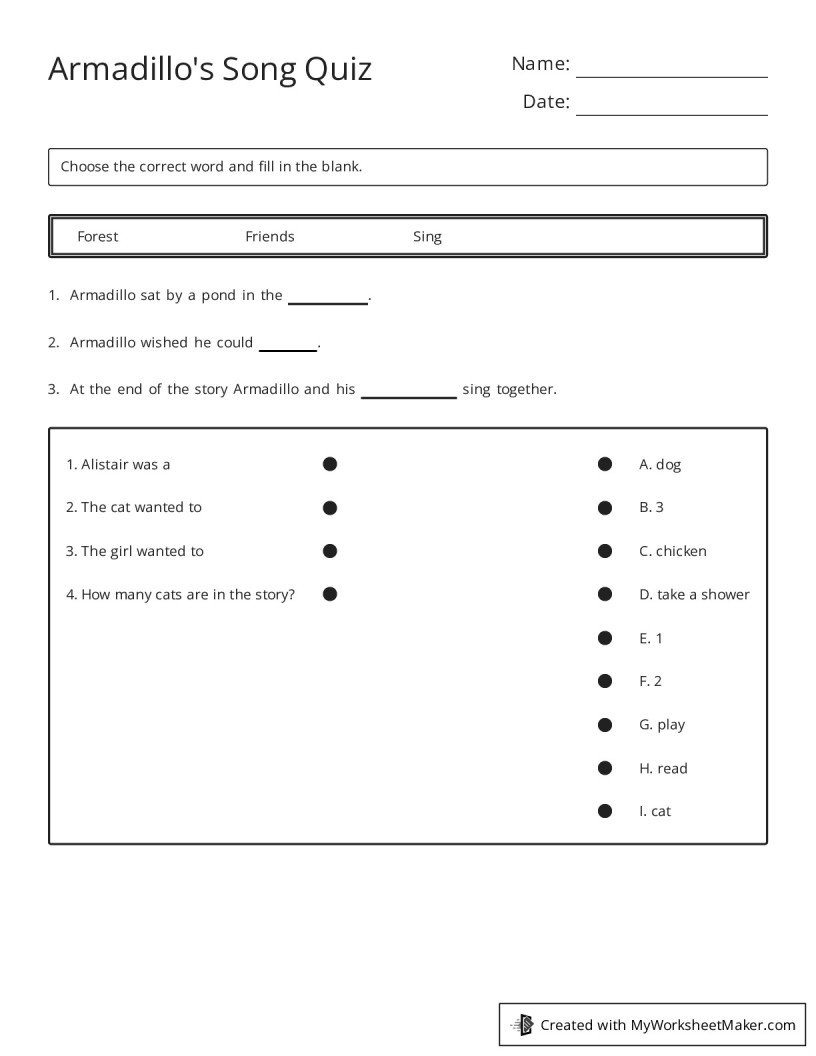 Armadillo's Song Quiz - My Worksheet Maker: Create Your Own Worksheets