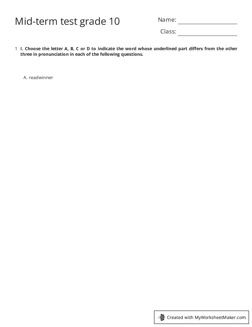 Mid-term test grade 10 - My Worksheet Maker: Create Your Own Worksheets