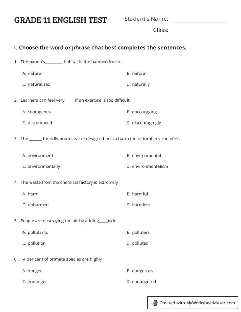 GRADE 11 ENGLISH TEST - My Worksheet Maker: Create Your Own Worksheets