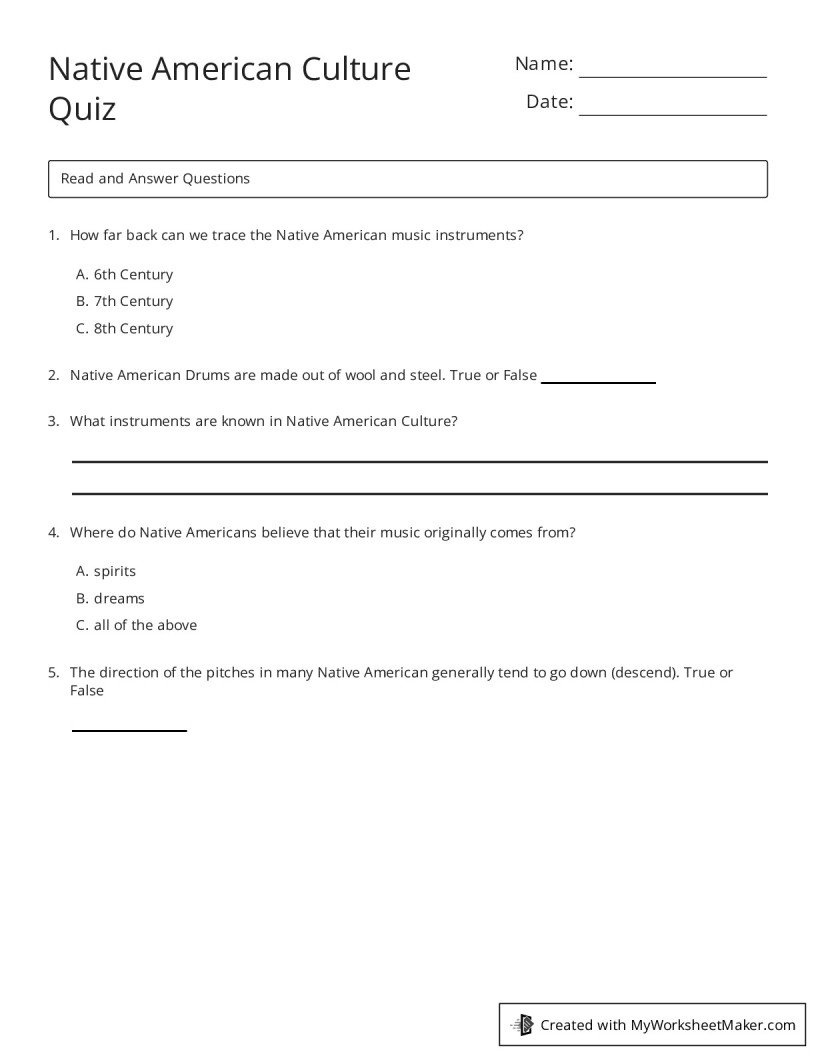 Native American Culture Quiz - My Worksheet Maker: Create Your Own ...