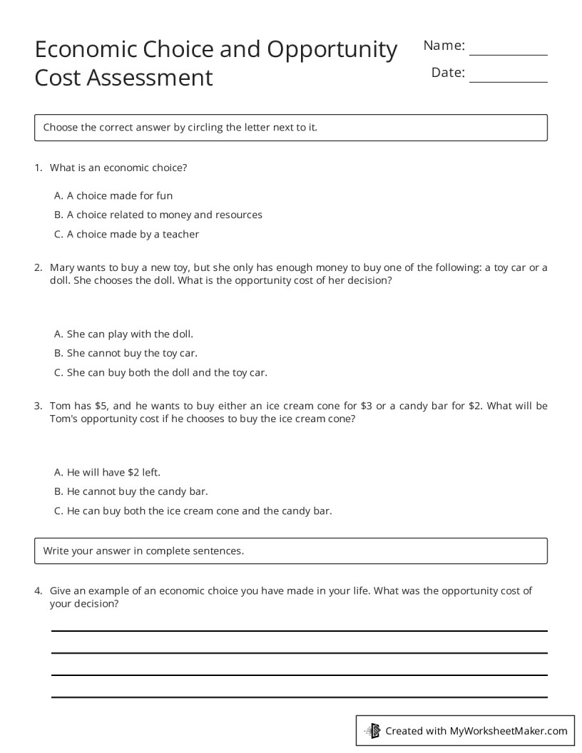 Opportunity Cost Worksheets GCSE/IGCSE Economics Opportunity Cost