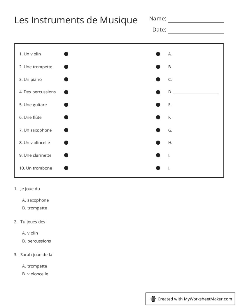 Les Instruments de Musique - My Worksheet Maker: Create Your Own Worksheets