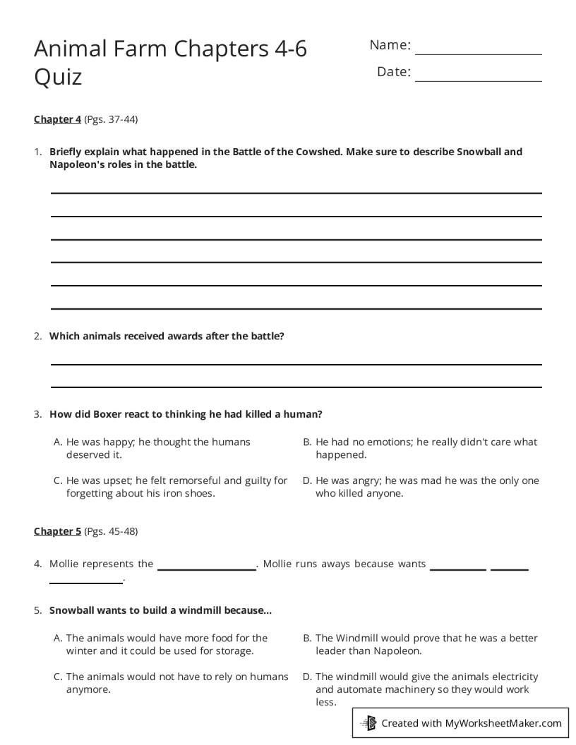 Animal Farm Chapters 4-6 Quiz - My Worksheet Maker: Create Your Own ...