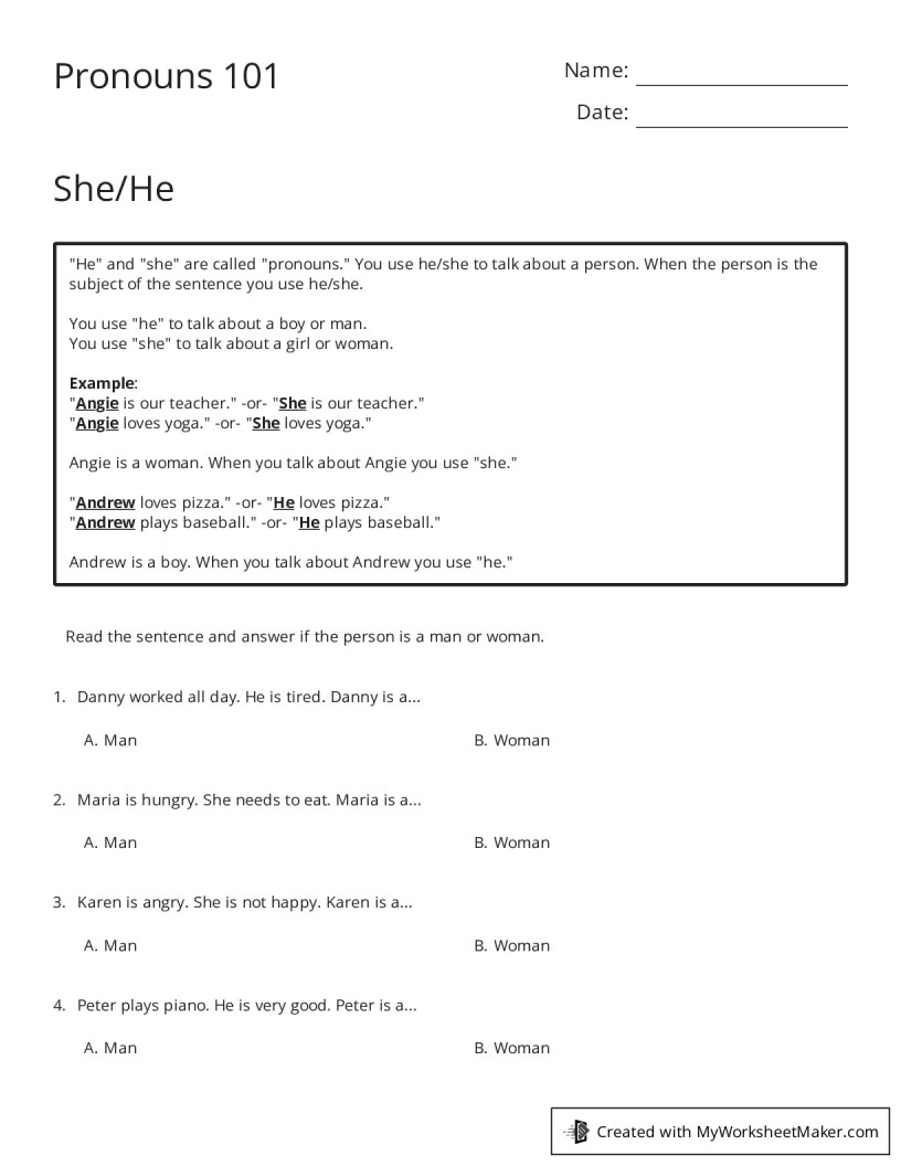 Pronouns 101 - My Worksheet Maker: Create Your Own Worksheets