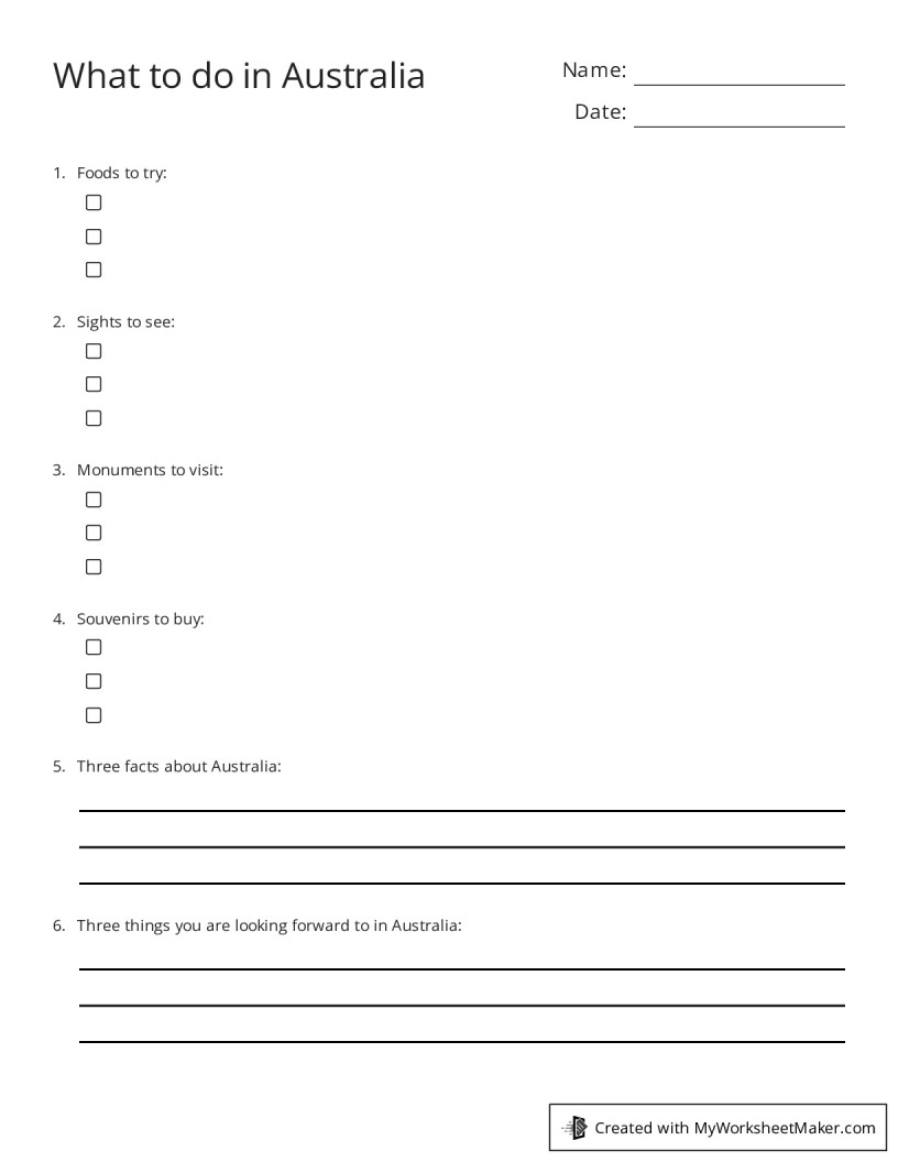 What to do in Australia - My Worksheet Maker: Create Your Own Worksheets