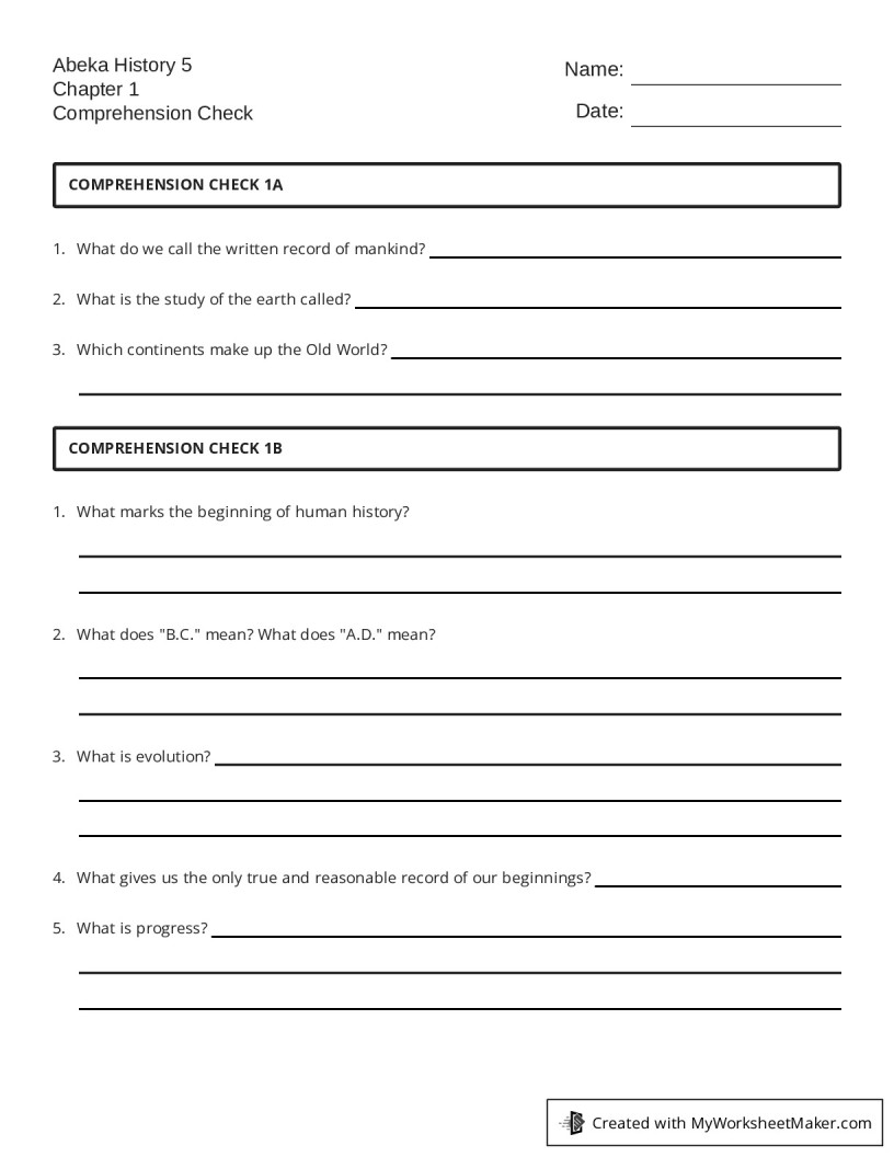 Abeka History 5 Chapter 1 Comprehension Check - My Worksheet Maker ...