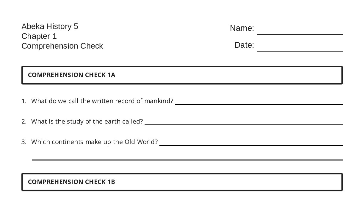 Abeka History 5 Chapter 1 Comprehension Check - My Worksheet Maker ...