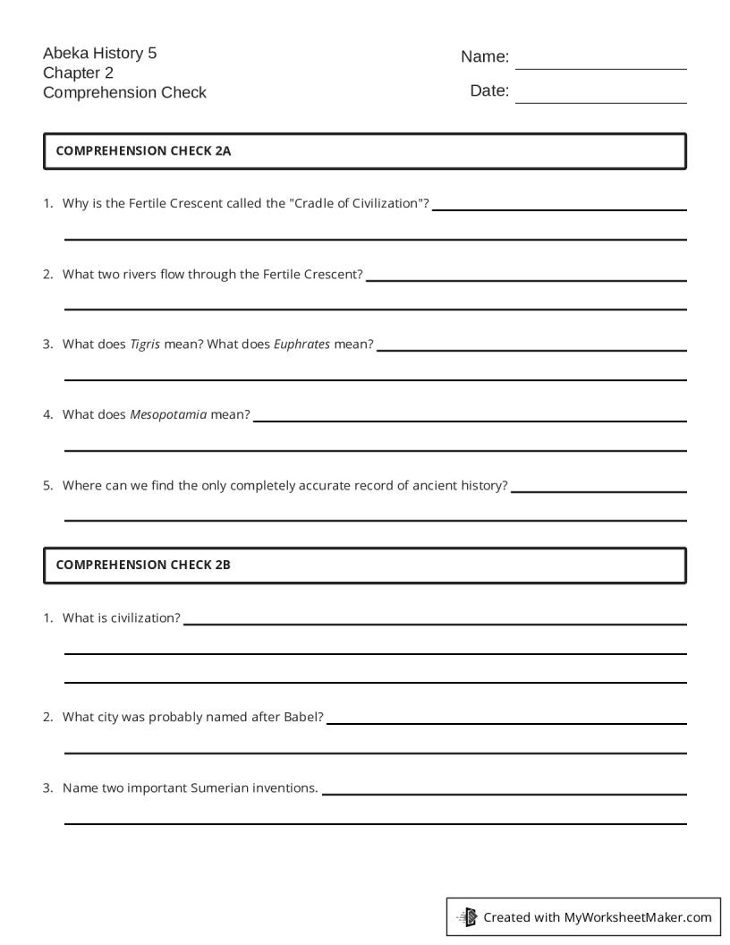 Abeka History 5 Chapter 2 Comprehension Check - My Worksheet Maker ...