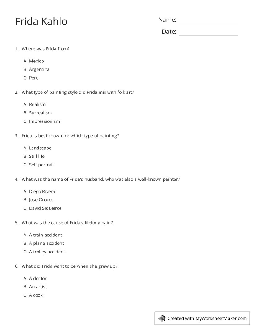 Frida Kahlo - My Worksheet Maker: Create Your Own Worksheets
