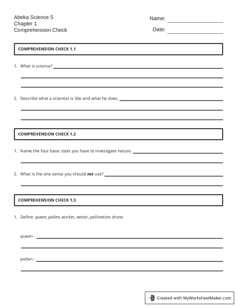 Abeka Science 5 Chapter 1 Comprehension Check - My Worksheet Maker ...