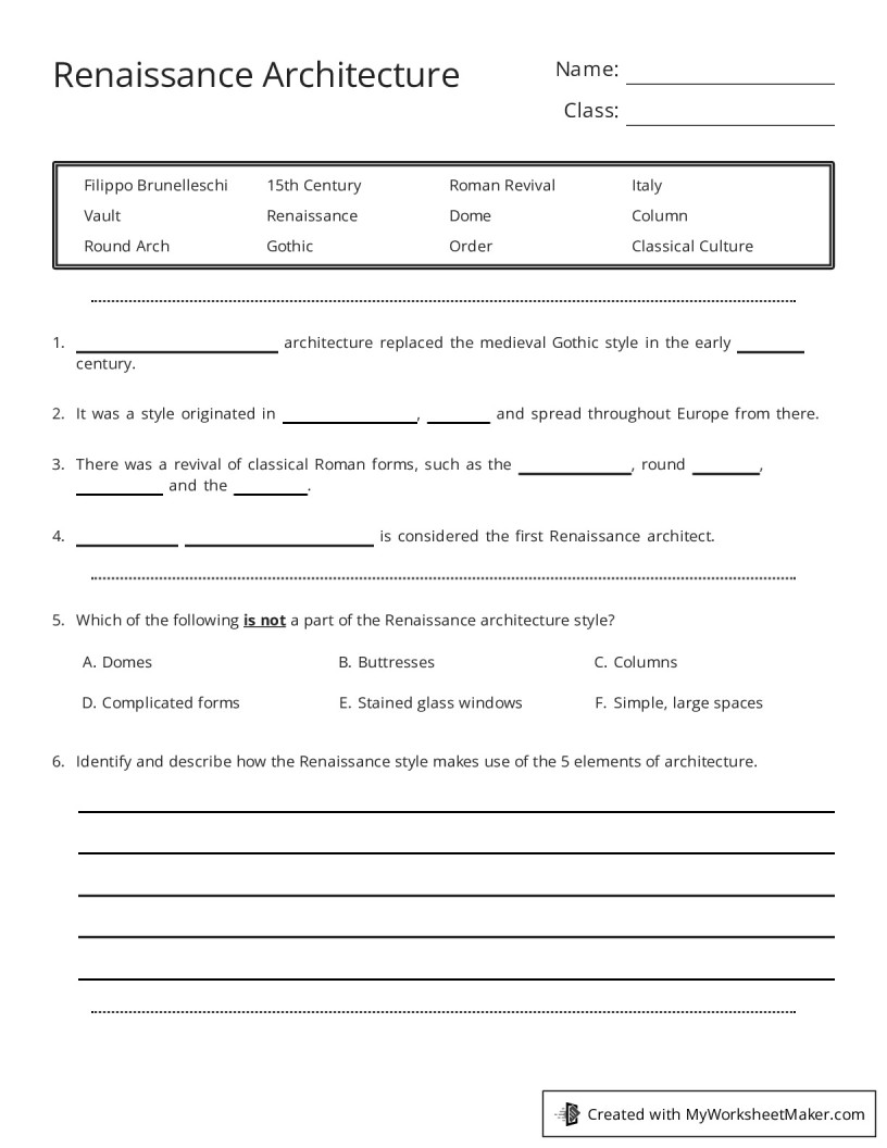 Renaissance Architecture - My Worksheet Maker: Create Your Own Worksheets