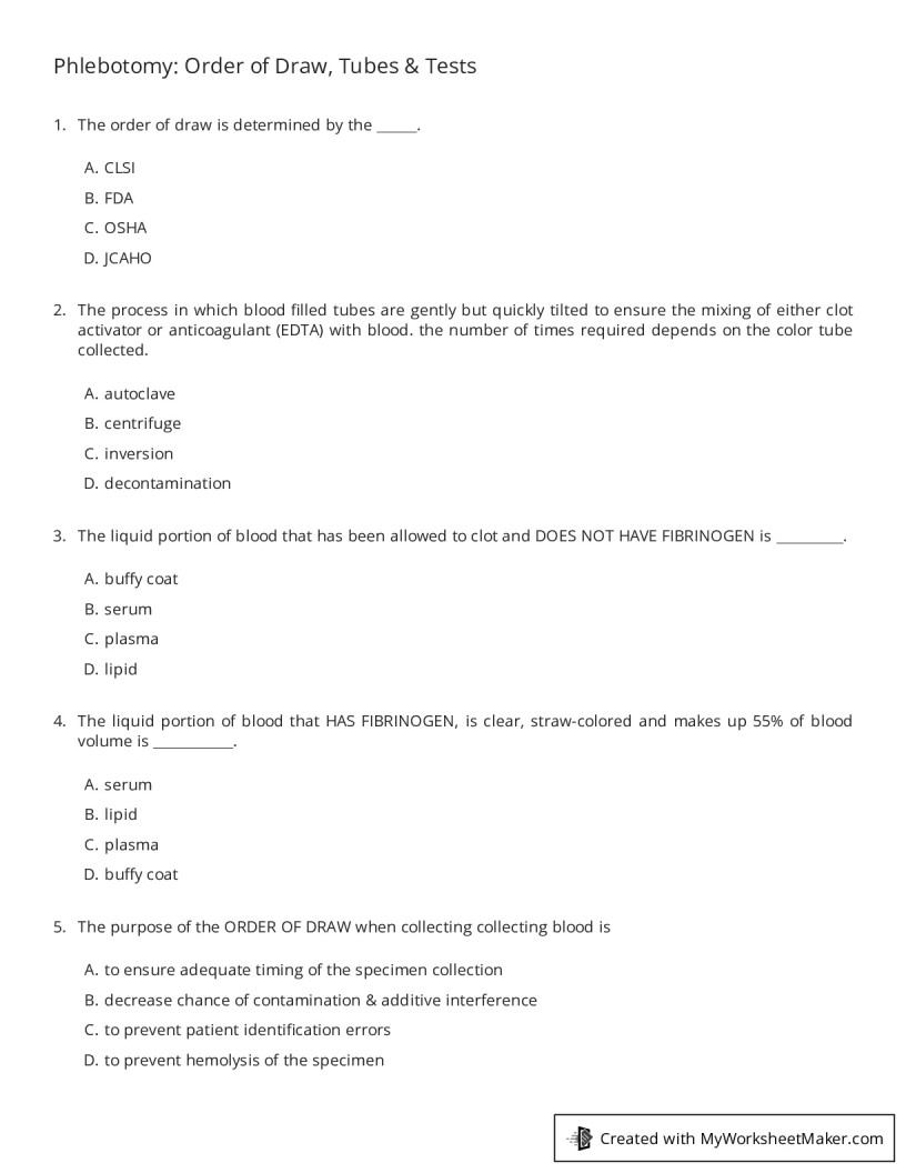 Phlebotomy: Order of Draw, Tubes & Tests - My Worksheet Maker: Create ...