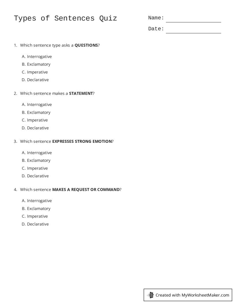 Types of Sentences Quiz - My Worksheet Maker: Create Your Own Worksheets