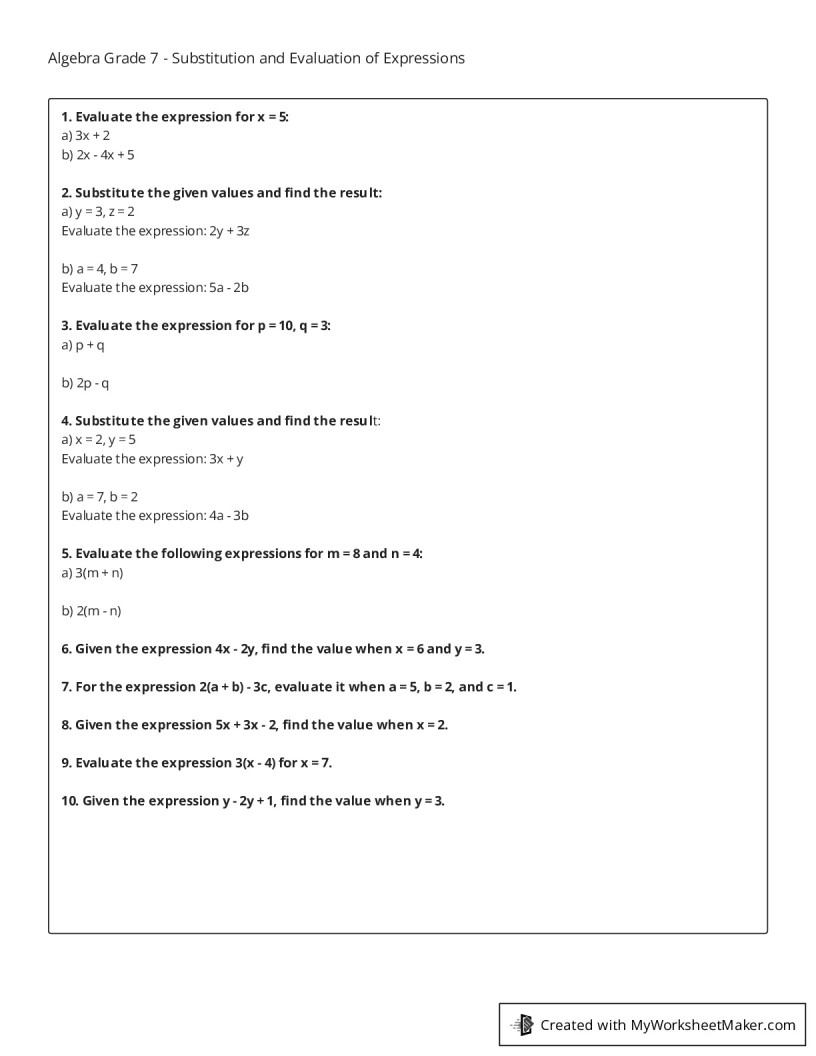 Algebra Grade 7 - Substitution and Evaluation of Expressions - My ...