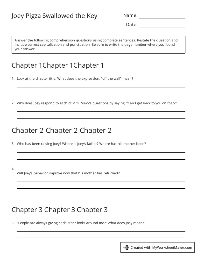 Joey Pigza Swallowed the Key - My Worksheet Maker: Create Your Own ...