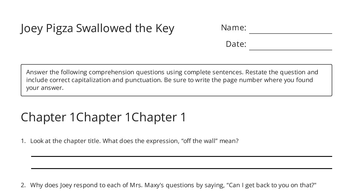 Joey Pigza Swallowed the Key - My Worksheet Maker: Create Your Own ...