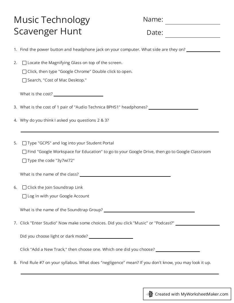 Music Technology Scavenger Hunt - My Worksheet Maker: Create Your Own ...