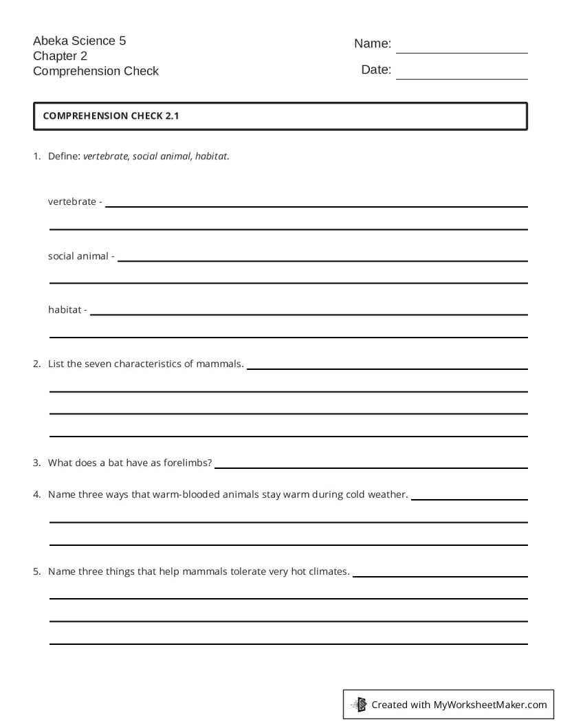 Abeka Science 5 Chapter 2 Comprehension Check - My Worksheet Maker ...