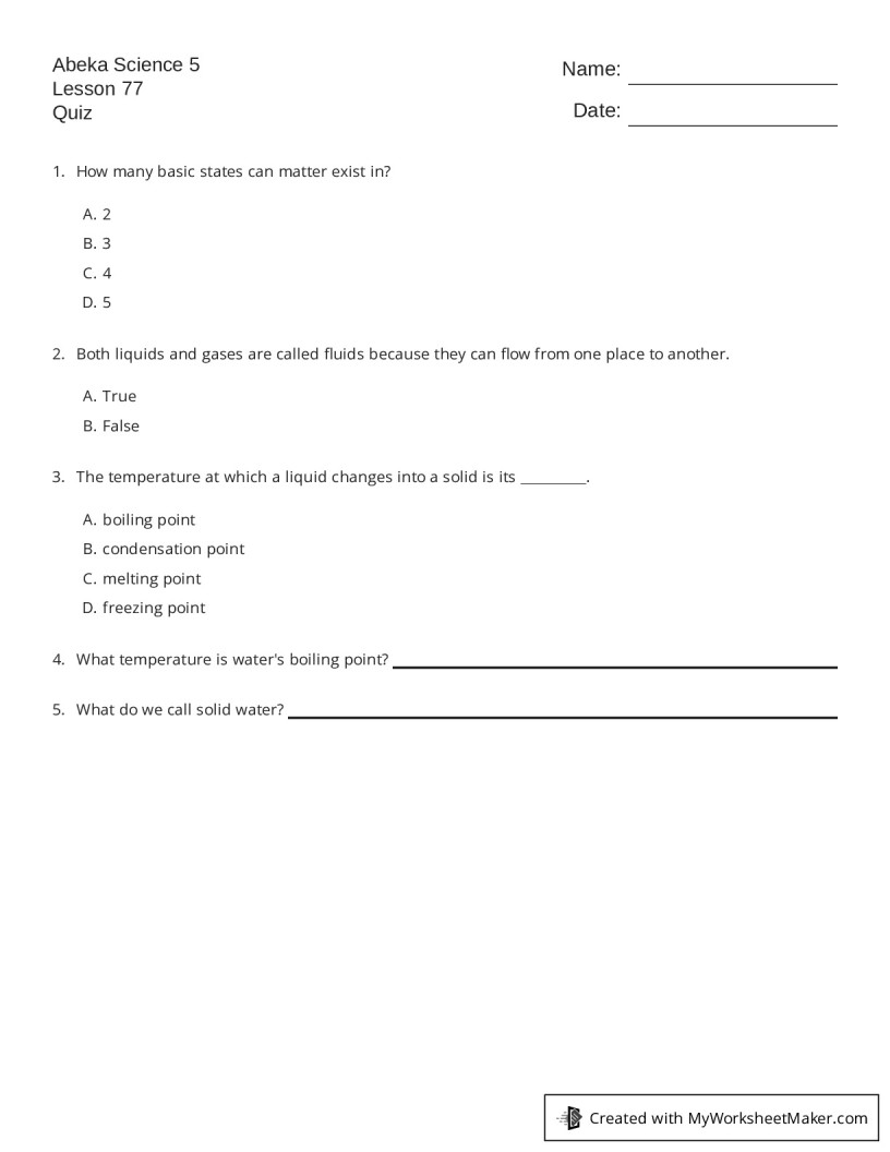 Abeka Science 5 Lesson 77 Quiz - My Worksheet Maker: Create Your Own ...