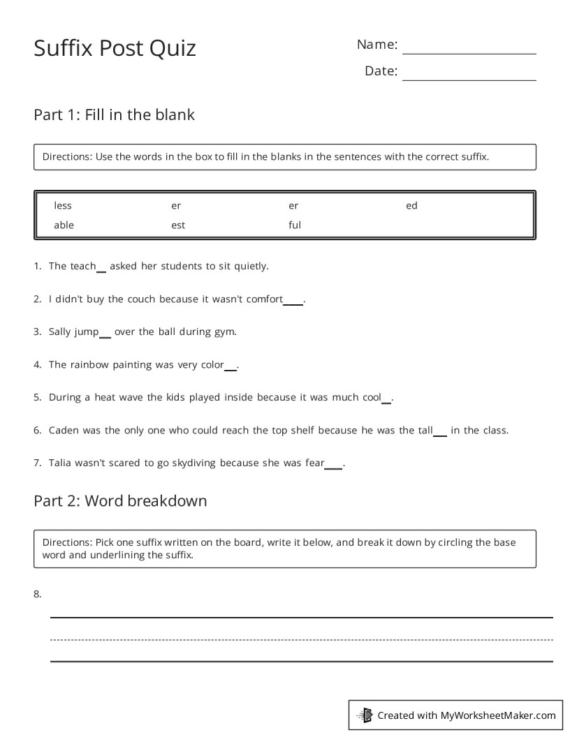 Suffix Post Quiz - My Worksheet Maker: Create Your Own Worksheets