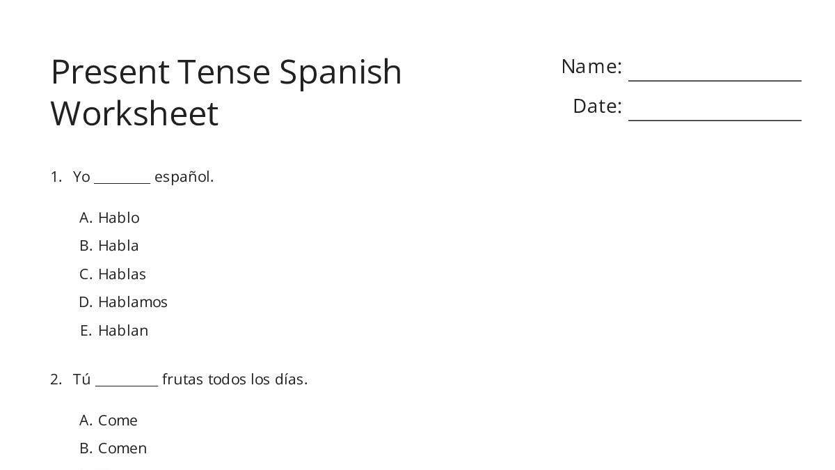 Present Tense Spanish Worksheet - My Worksheet Maker: Create Your Own ...