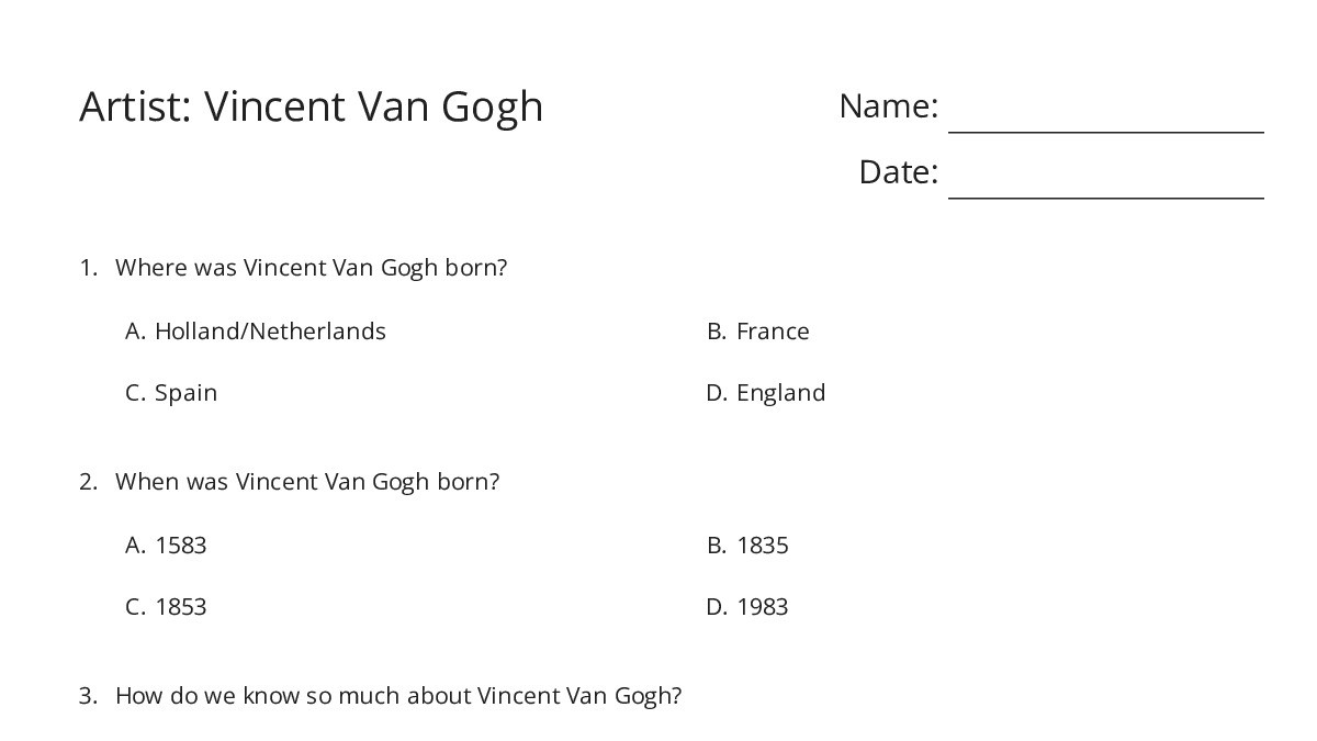 Artist: Vincent Van Gogh - My Worksheet Maker: Create Your Own Worksheets