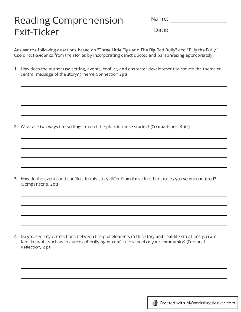 Reading Comprehension Exit-Ticket - My Worksheet Maker: Create Your Own ...