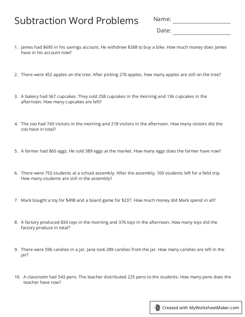 Subtraction Word Problems - My Worksheet Maker: Create Your Own Worksheets