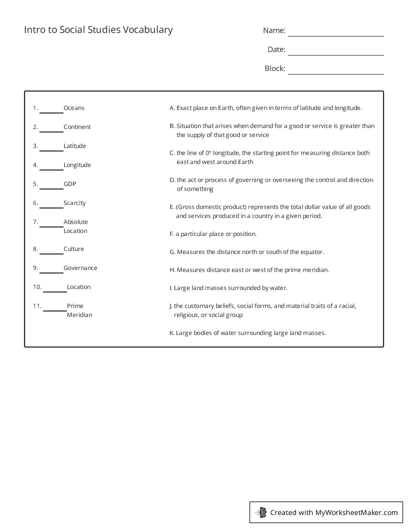 Intro to Social Studies Vocabulary - My Worksheet Maker: Create Your ...