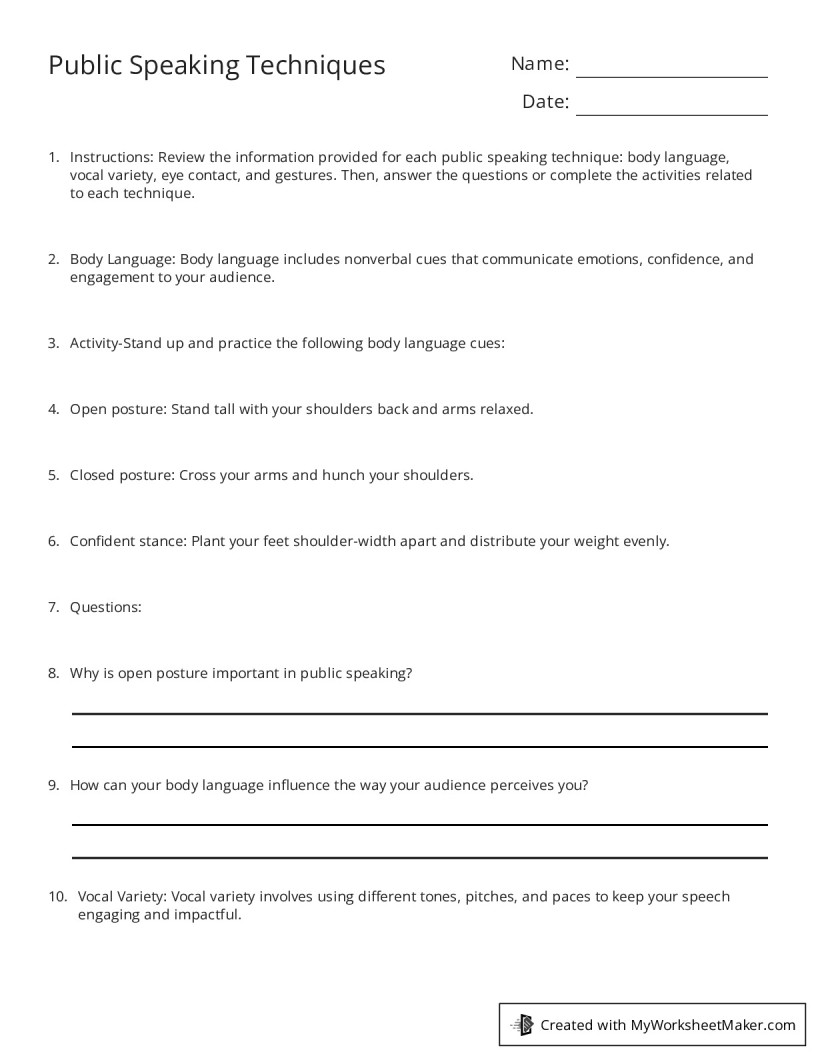 Public Speaking Techniques - My Worksheet Maker: Create Your Own Worksheets Public Speaking Techniques - My Worksheet Maker: Create Your Own Worksheets