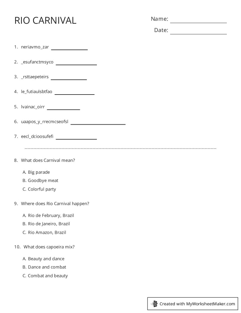 RIO CARNIVAL - My Worksheet Maker: Create Your Own Worksheets