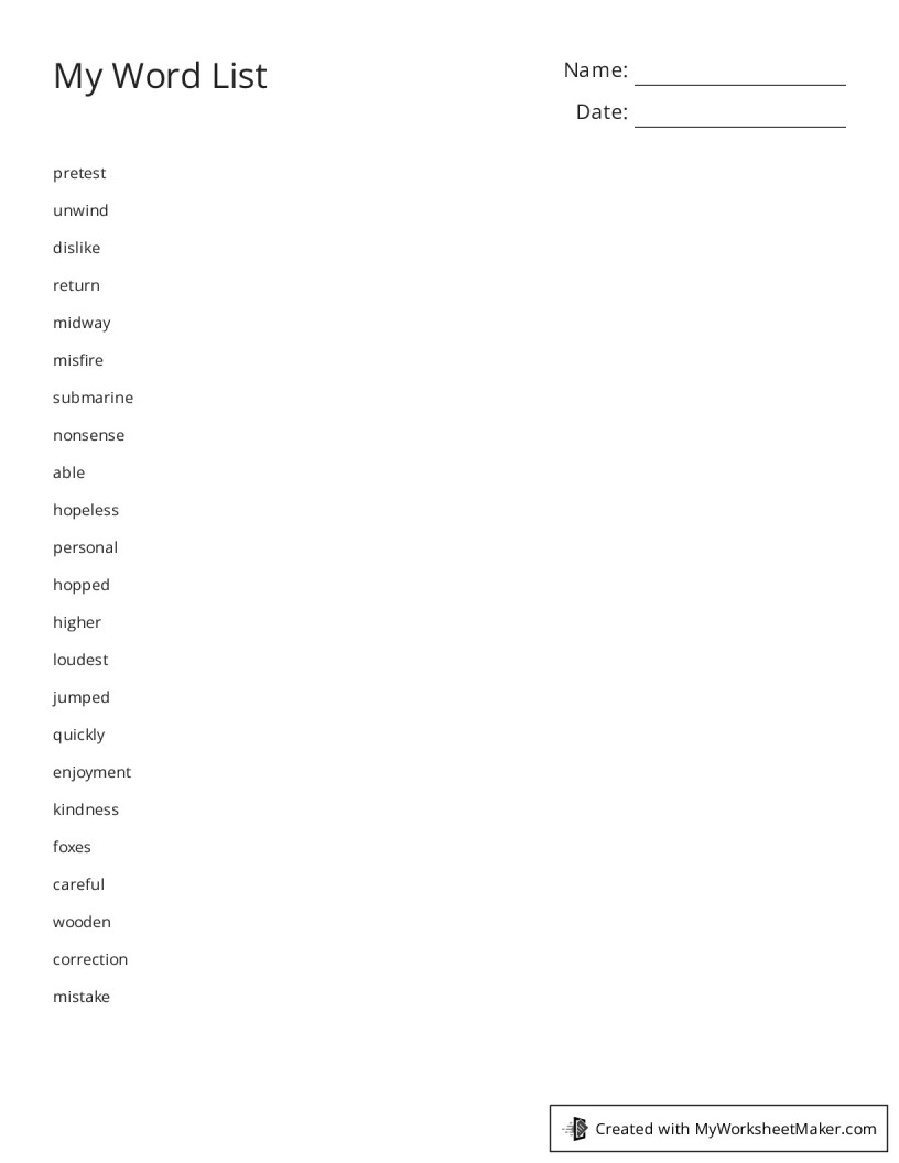 My Word List - My Worksheet Maker: Create Your Own Worksheets