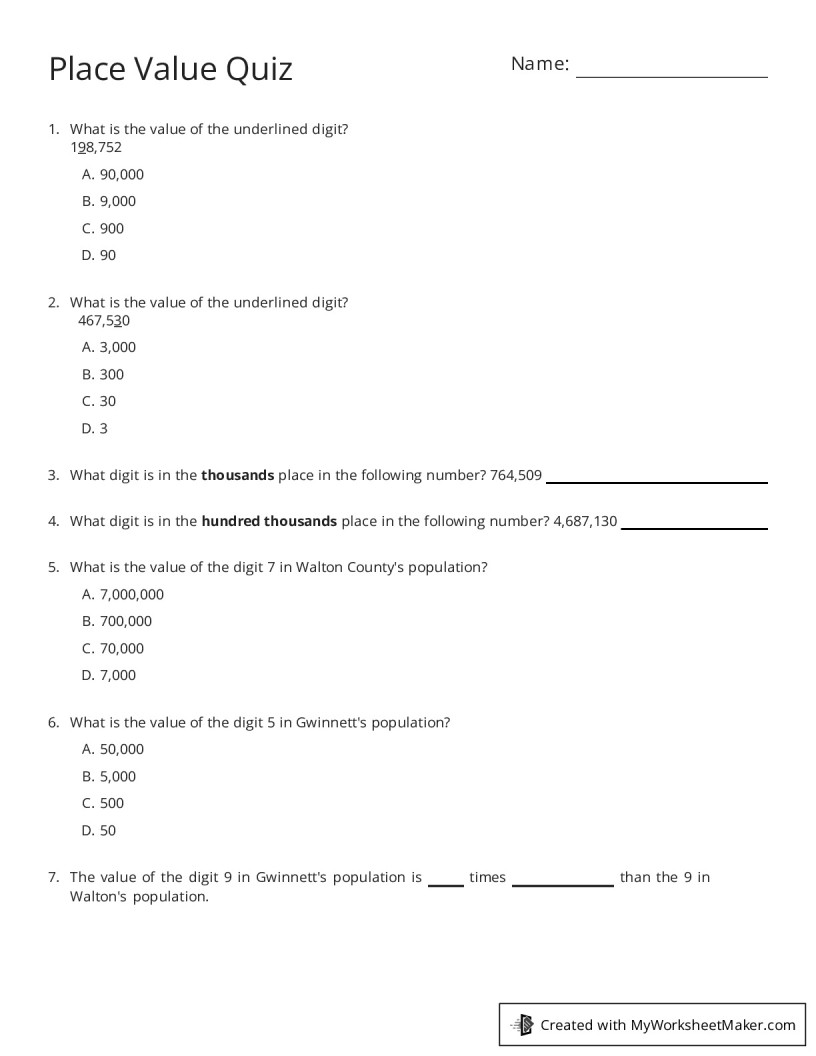 Place Value Quiz - My Worksheet Maker: Create Your Own Worksheets