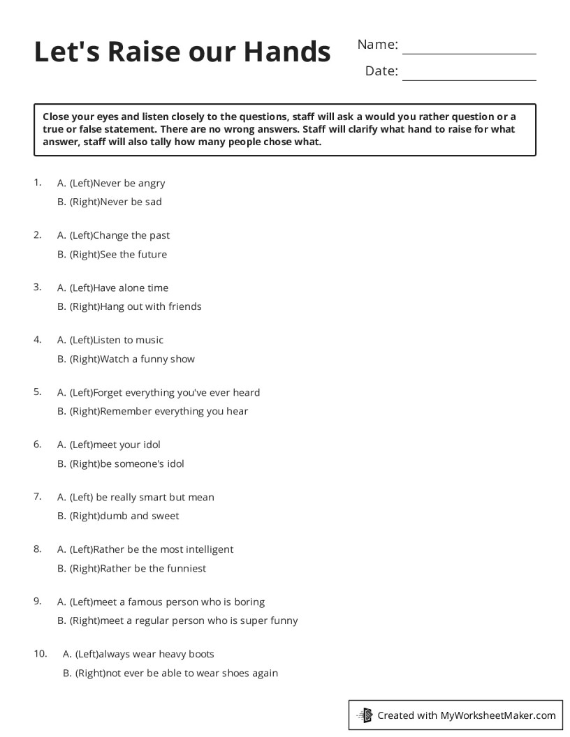 Let's Raise our Hands - My Worksheet Maker: Create Your Own Worksheets
