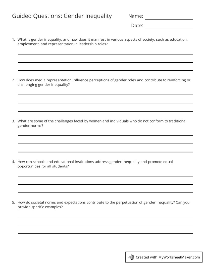 Guided Questions Gender Inequality My Worksheet Maker Create Your Own Worksheets 