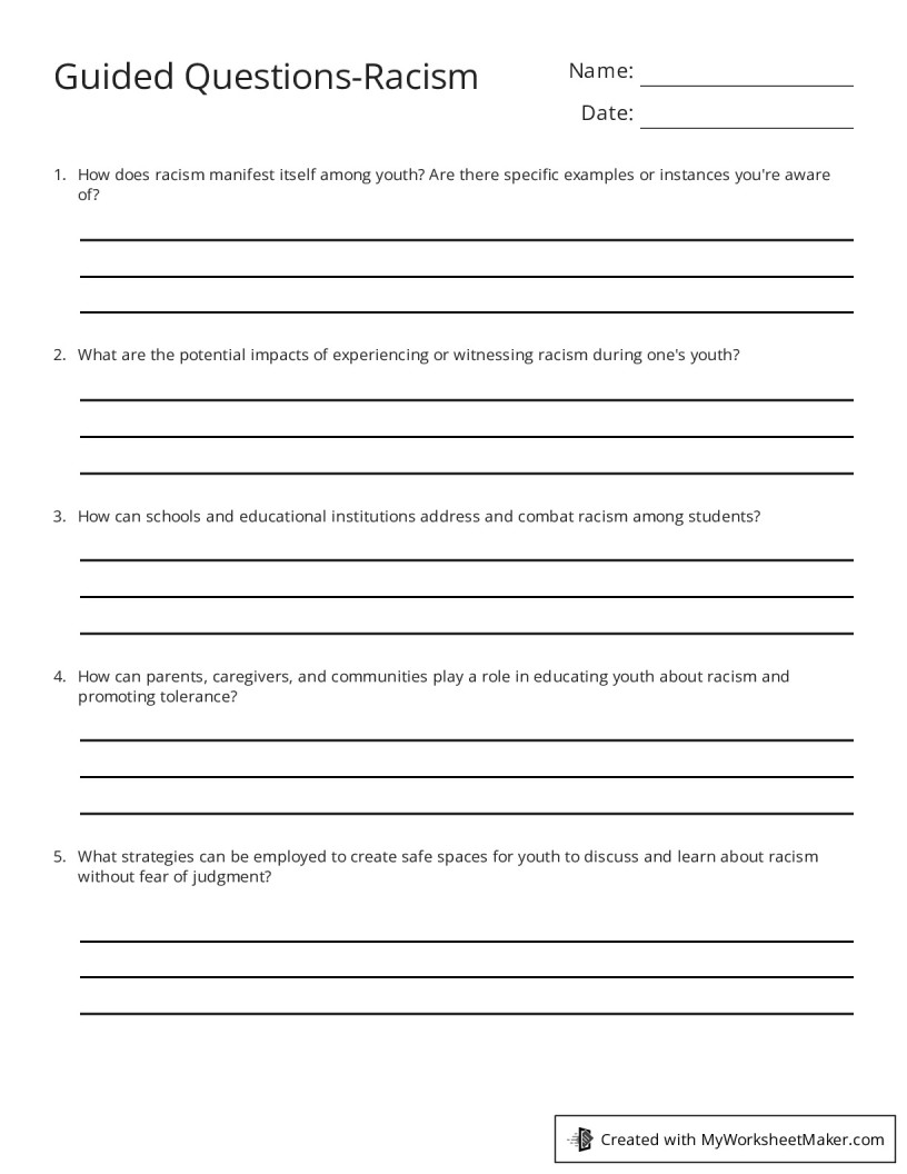 Guided Questions-Racism - My Worksheet Maker: Create Your Own Worksheets