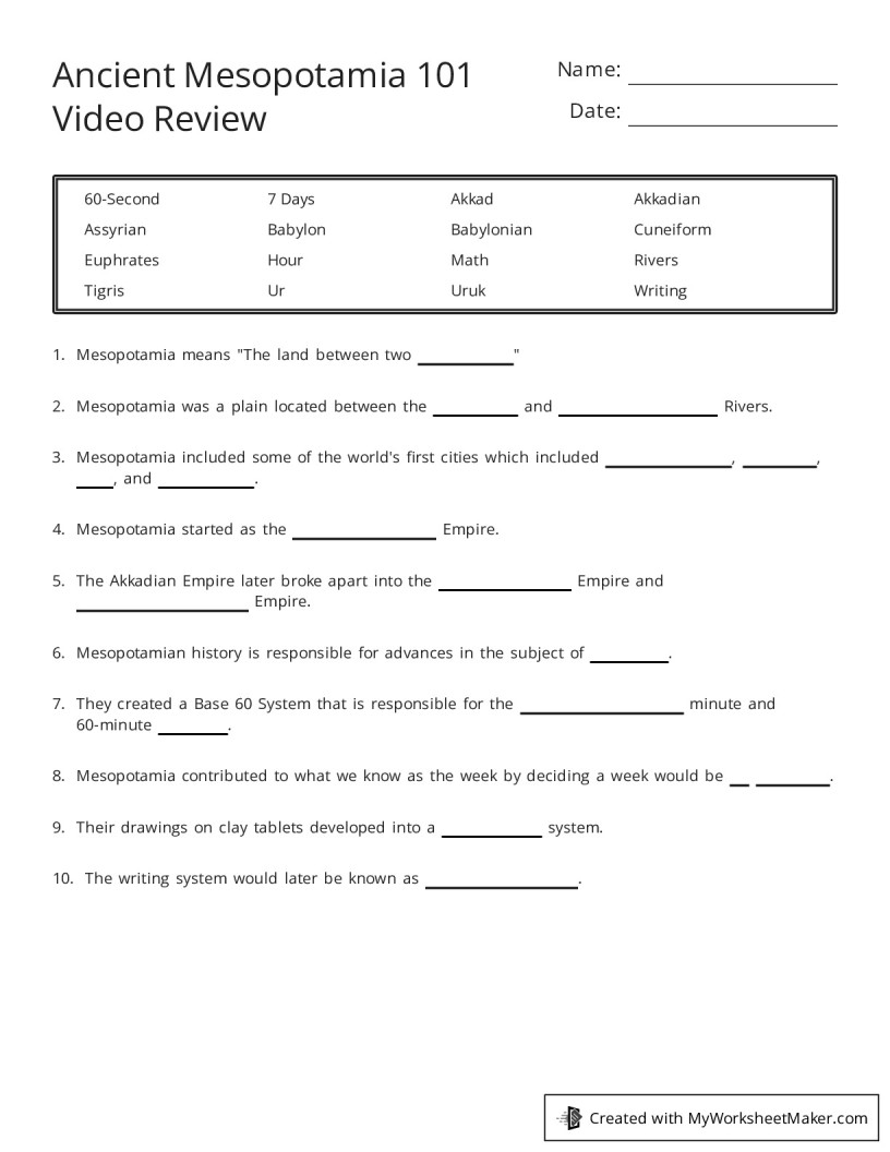 Ancient Mesopotamia 101Video Review - My Worksheet Maker: Create Your ...