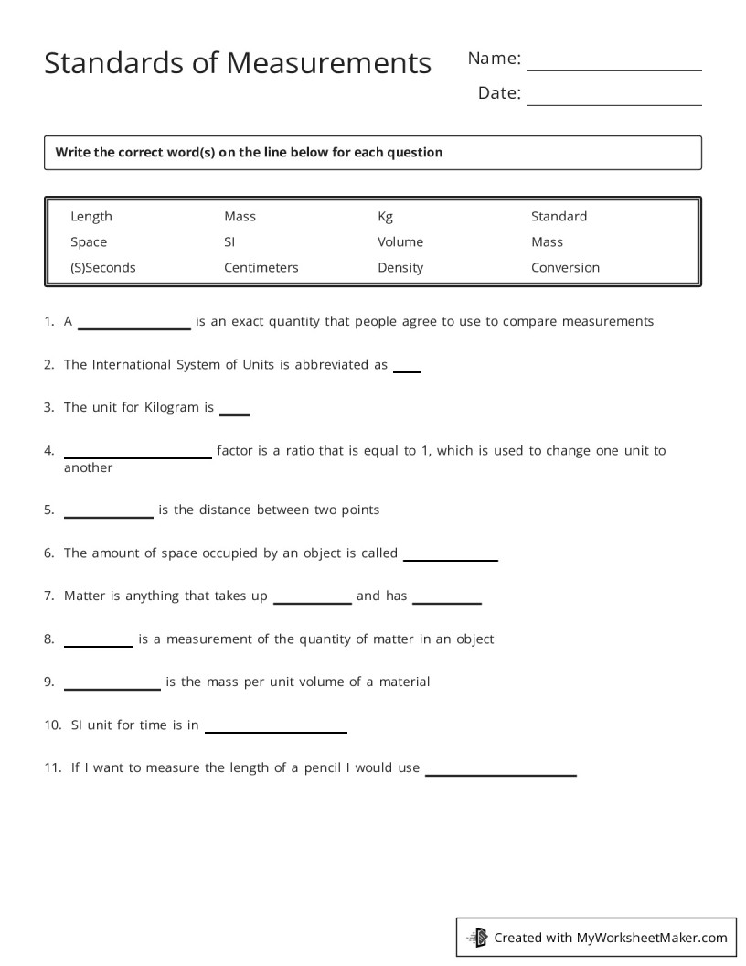 Standards of Measurements - My Worksheet Maker: Create Your Own Worksheets