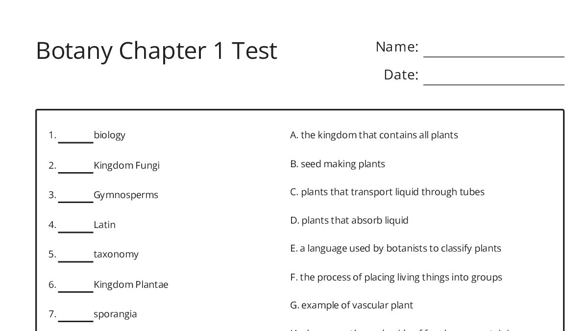Botany Chapter 1 Test - My Worksheet Maker: Create Your Own Worksheets